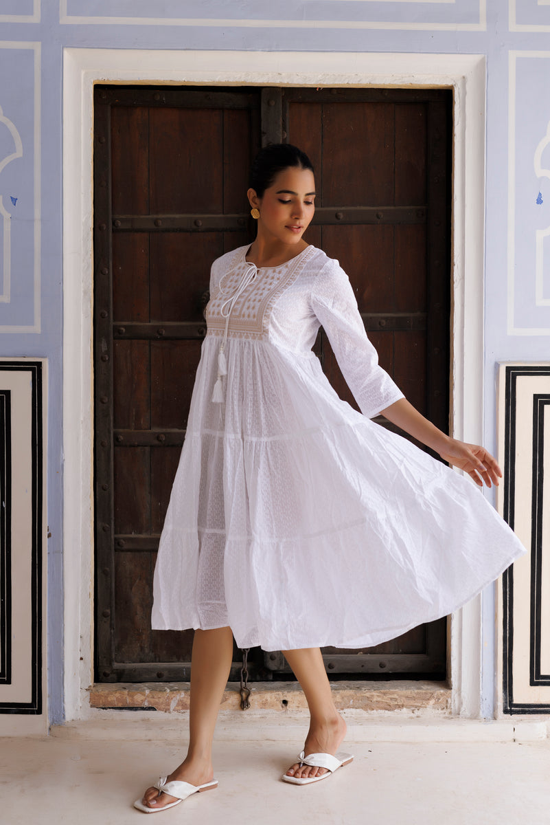 White Tiered Midi Kurta Dress – Ragavi