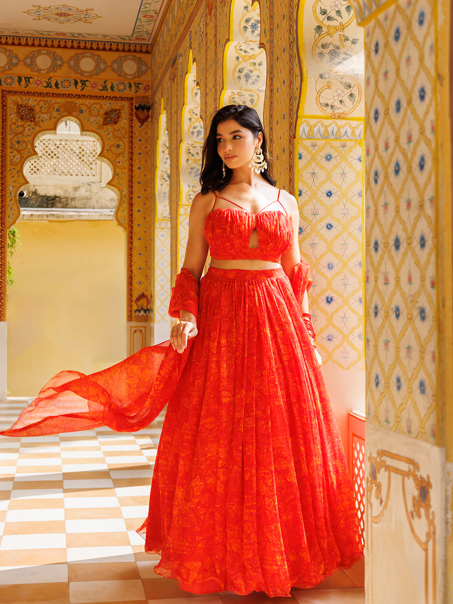 Orangeade Red Floral Printed Chiffon Lehenga Set – Ragavi