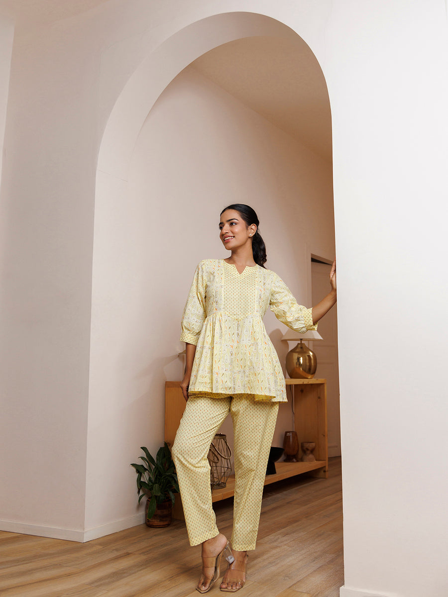 Witch Hazel Yellow Cotton Printed Co -Ord Set – Ragavi