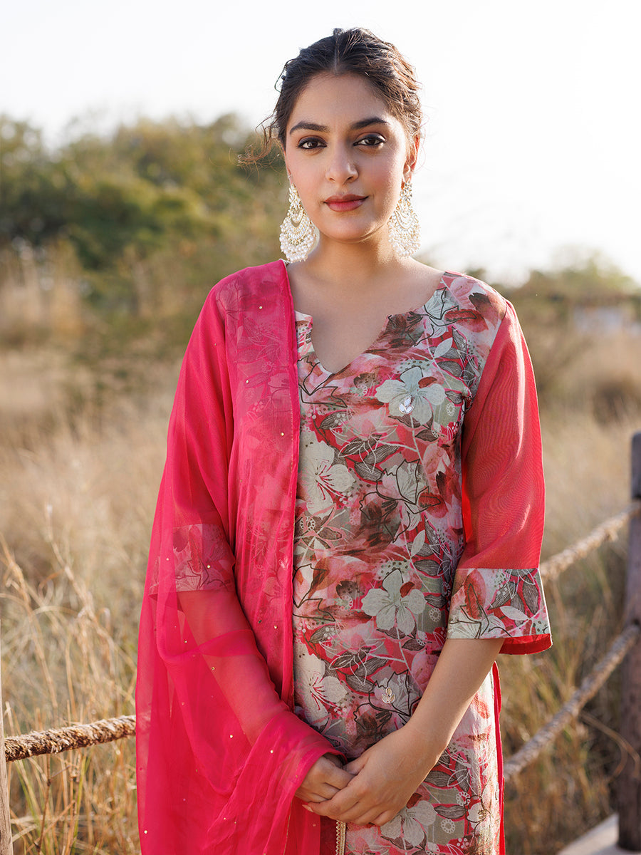Cosmos Pink Floral Chiffon Suit Set – Ragavi