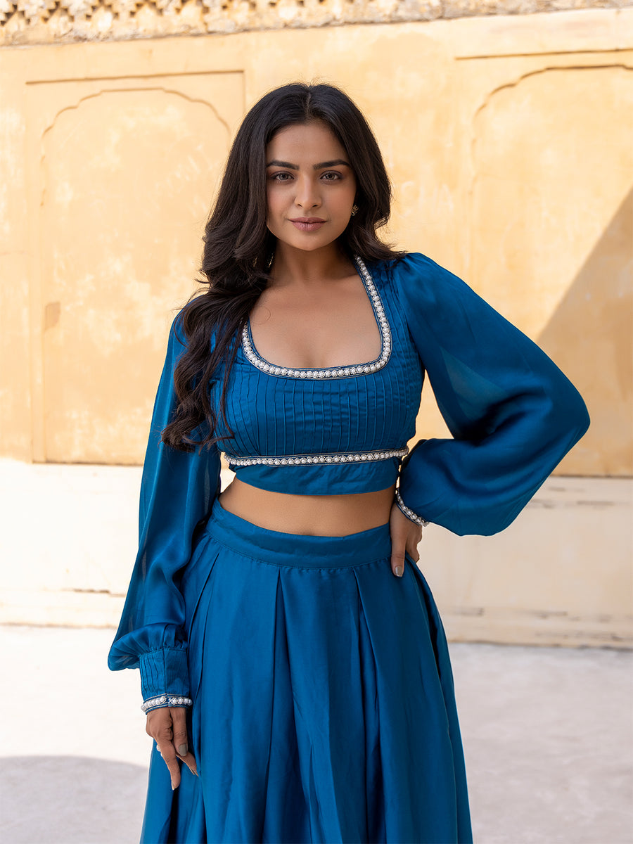 Crystal Teal Blue Vanilla Silk Top with Skirt – Ragavi