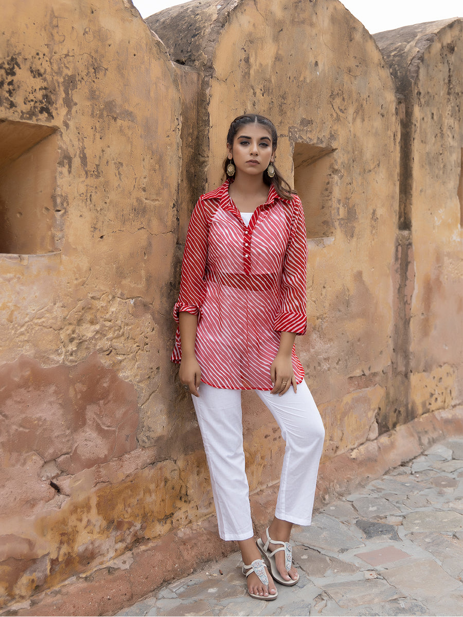 Monika Red Leheriya Kurta Pants Set – Ragavi