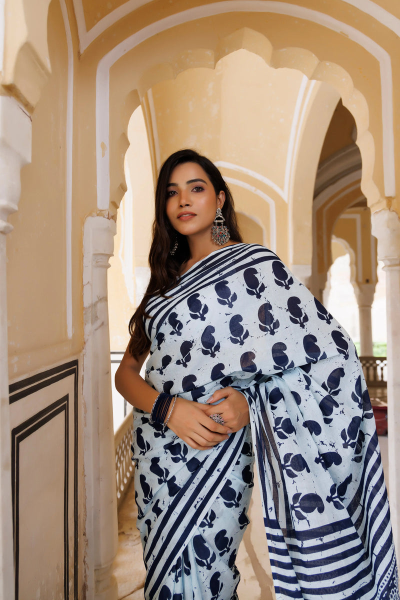 Ice Water Blue And Indigo Traditional Jaipuri Printed Saree – Ragavi