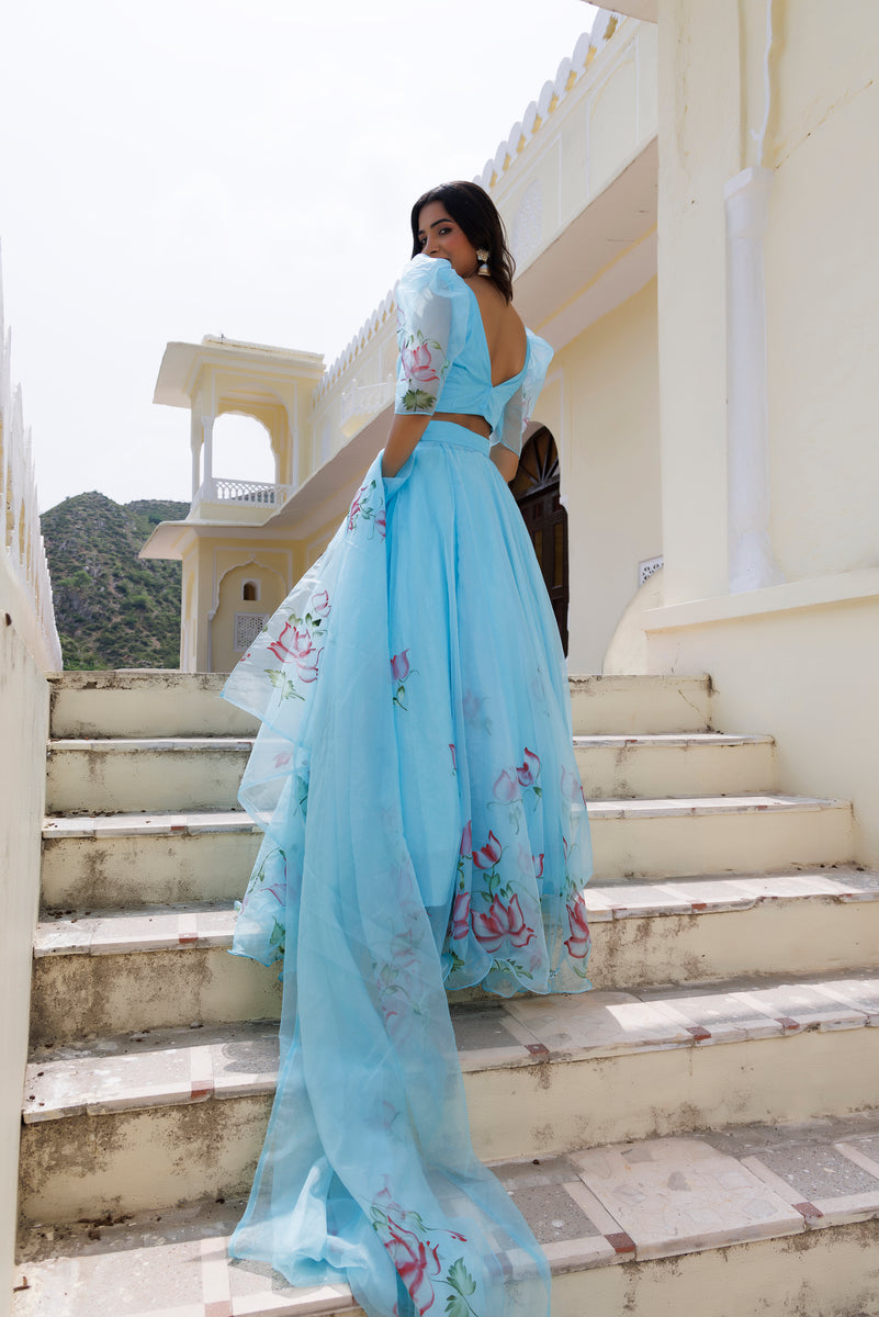 Clearwater Blue Brush Paint Lehenga Set – Ragavi