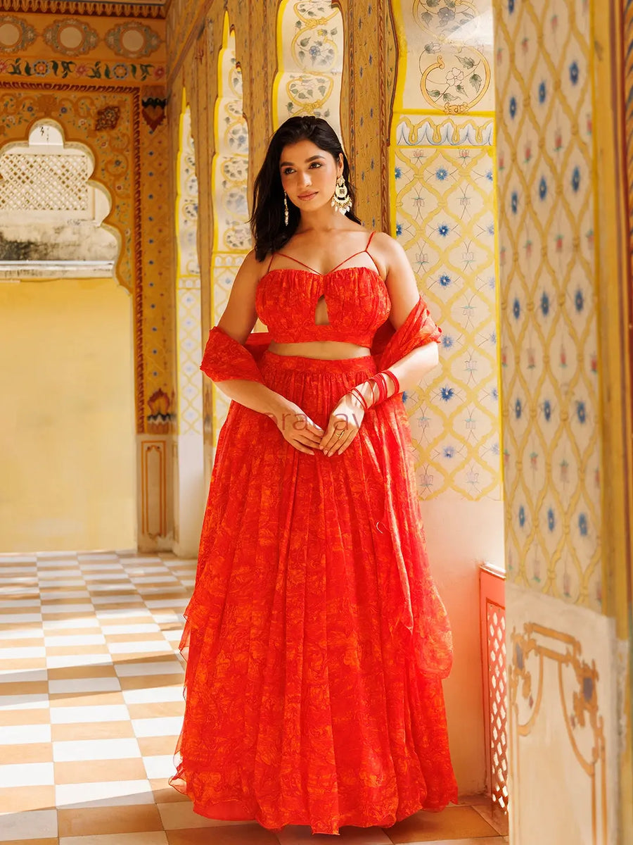 Orangeade Red Floral Printed Chiffon Lehenga Set – Ragavi