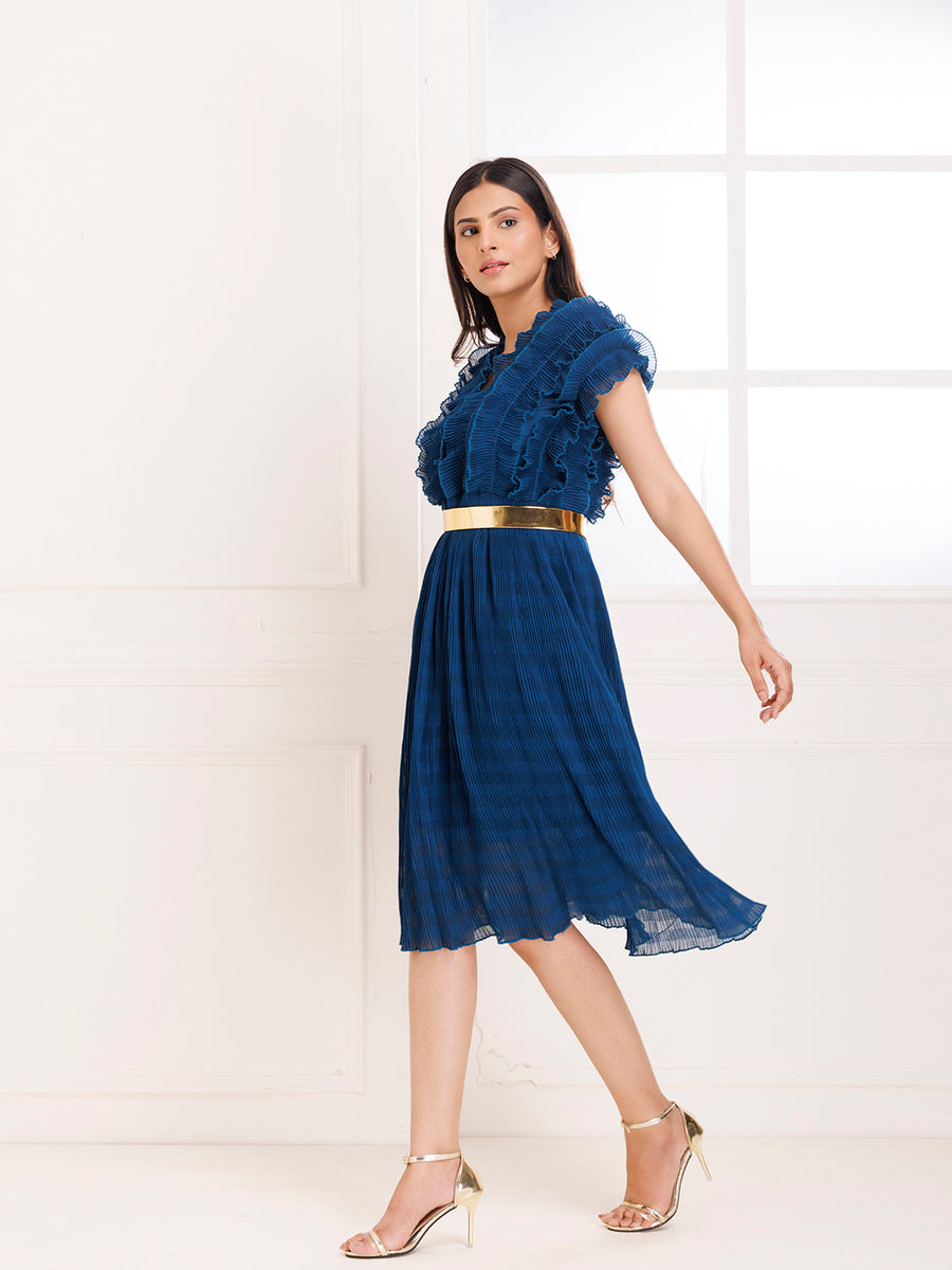 Petunia Blue Ruffle Pleated Dress – Ragavi