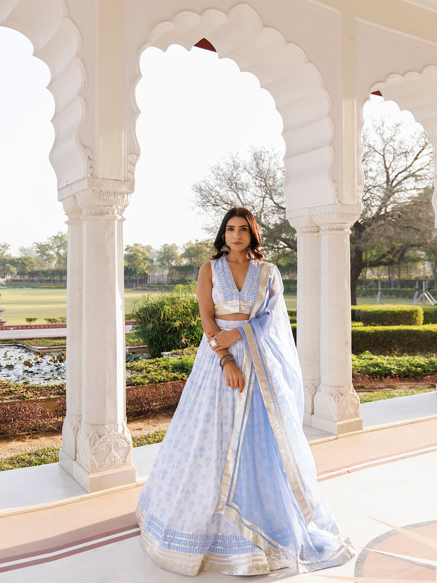 Angel Falls Blue and White Handblock Printed Lehenga Set – Ragavi