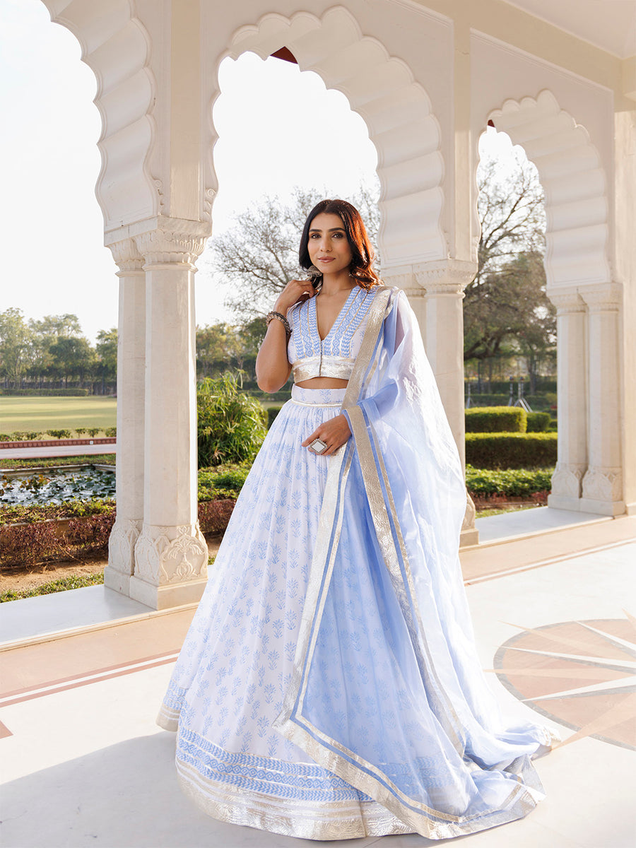 Angel Falls Blue and White Handblock Printed Lehenga Set – Ragavi