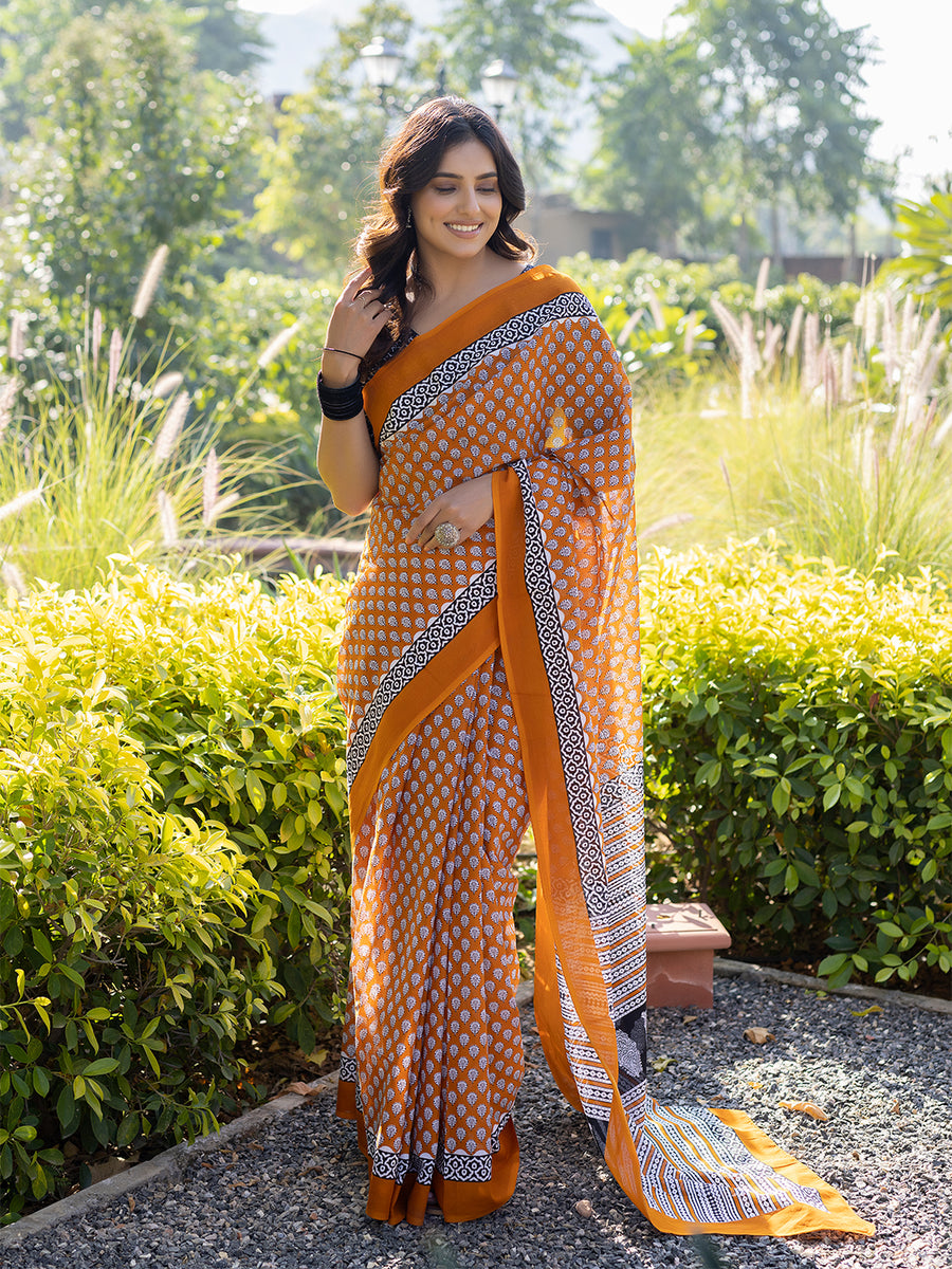 Tiger Orange Cotton Saree – Ragavi