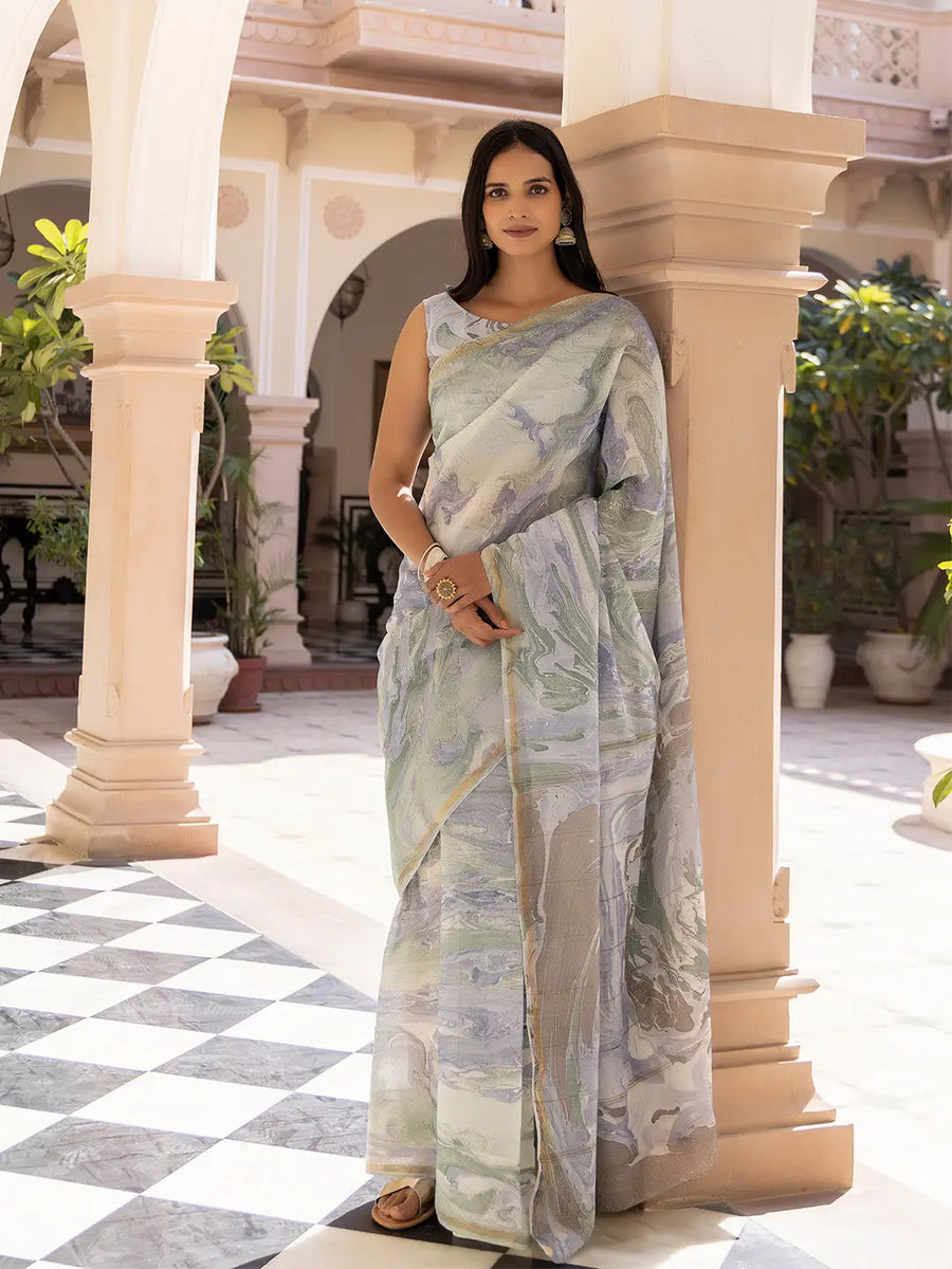 Sky-Blue Marble Chanderi Saree – Ragavi